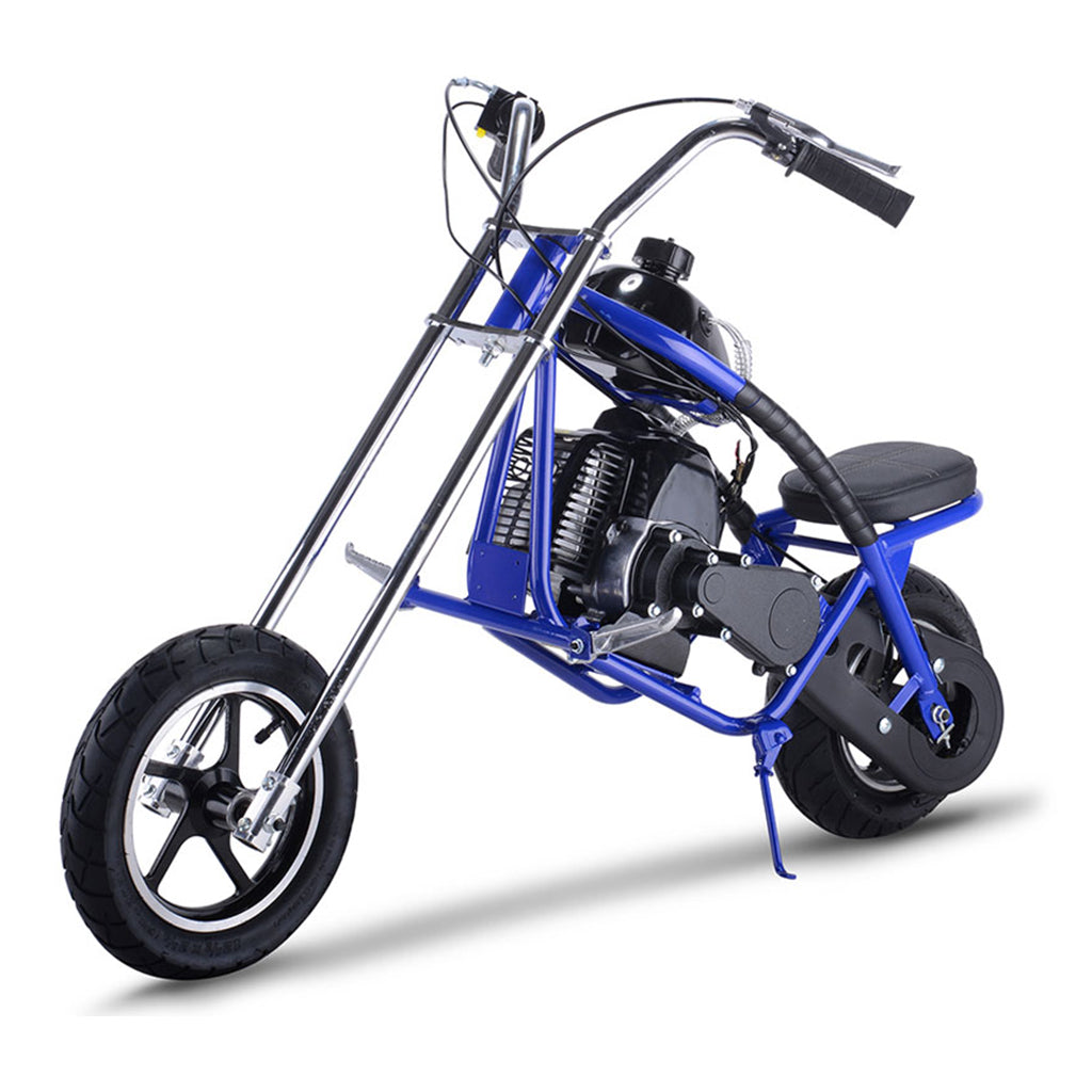 MotoTec 49cc 2 Stroke Blue Gas Powered Mini Chopper - Zoom Electric Bikes