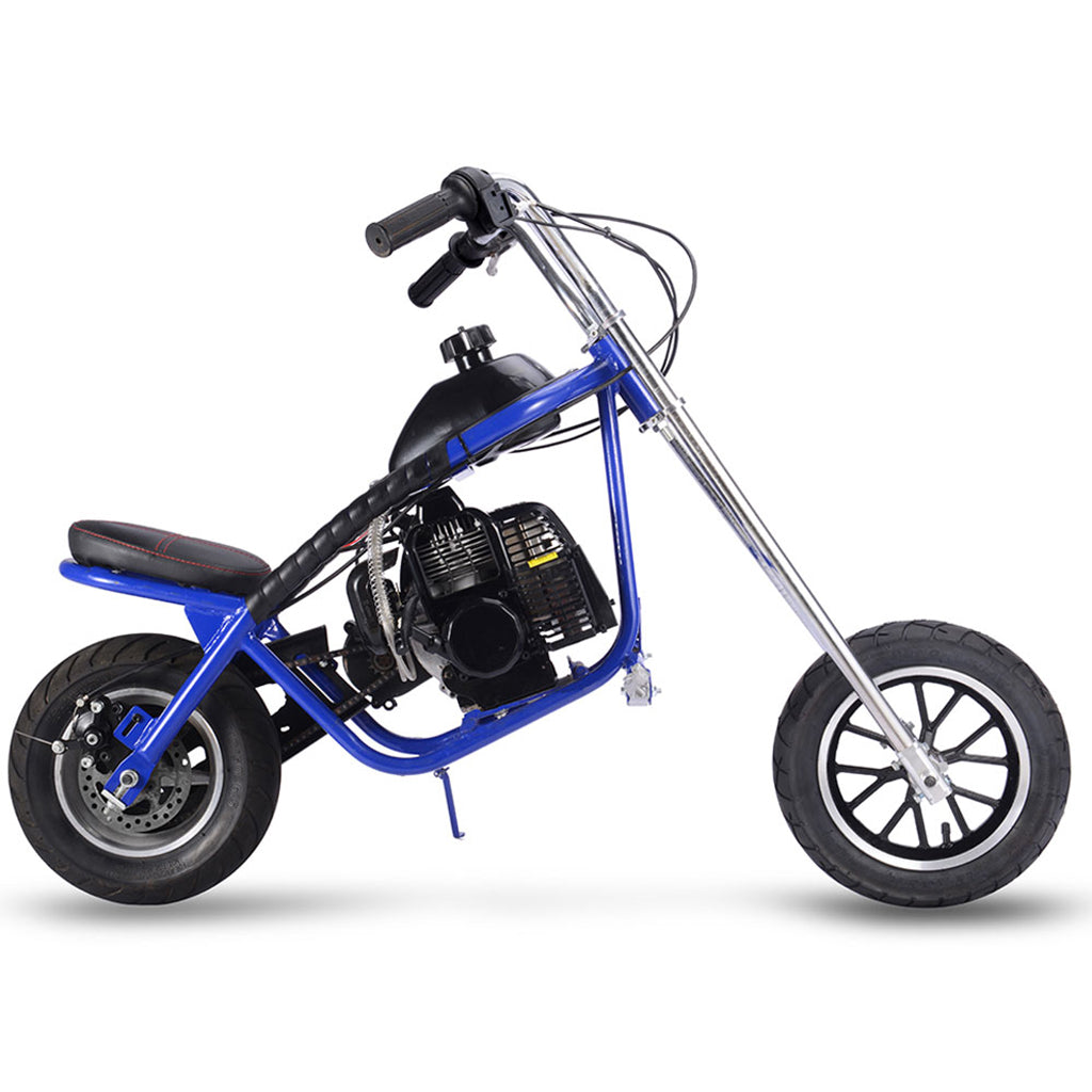 MotoTec 49cc 2 Stroke Blue Gas Powered Mini Chopper - Zoom Electric Bikes