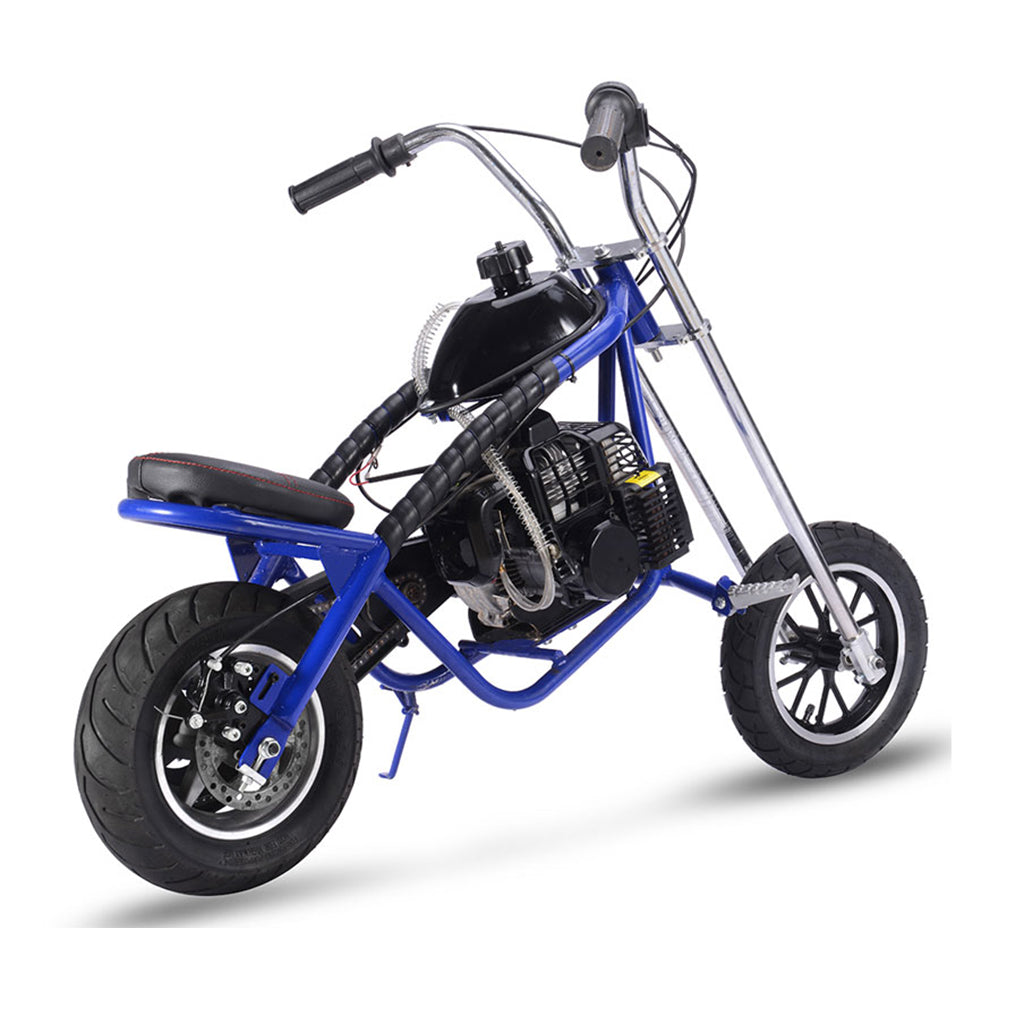 MotoTec 49cc 2 Stroke Blue Gas Powered Mini Chopper - Zoom Electric Bikes