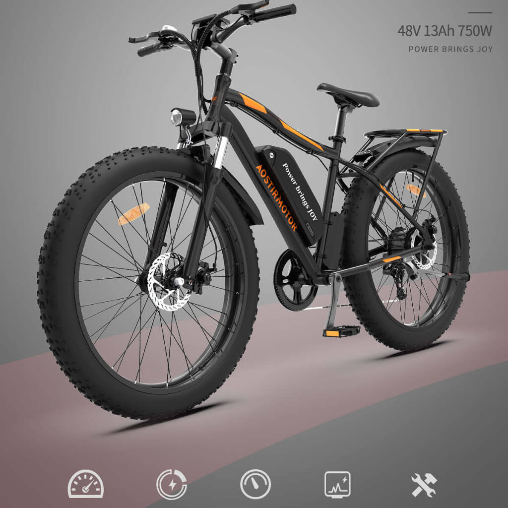 Aostirmotor S07-B Fat Tire Mountain Electric Bike 750W 48V - Black - Zoom Electric Bikes